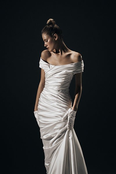 Draped satin gown with a train 1G020 – RASARIO