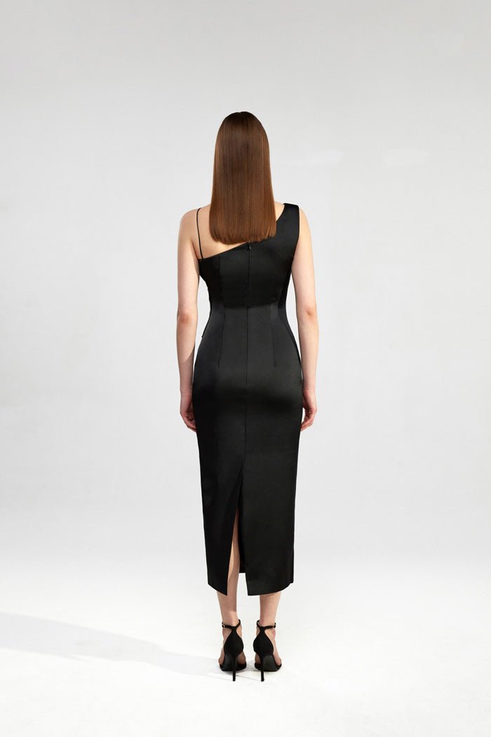 Draped asymmetric lace and satin midi dress black 5D010 Draped asymmetric lace and satin midi dress black 5D010