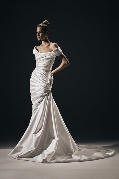 Draped satin gown with a train 1G020 – RASARIO